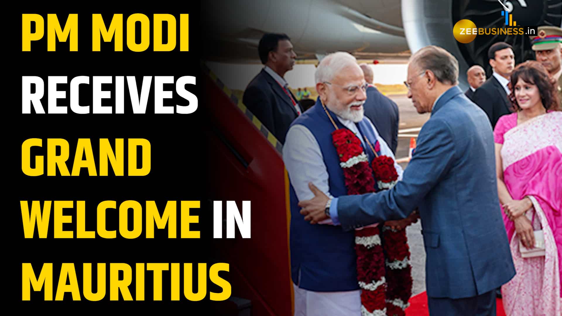 PM Modi lands in Mauritius, receives grand ceremonial welcome | Zee Business